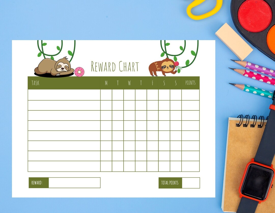 Printable Reward Chart, Blank Behavior Chart, Sloth, Digital Download ...