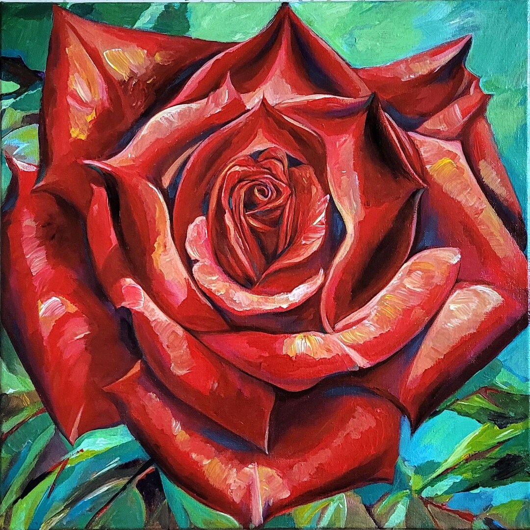 Bright Red Rose Acrylic Painting on Canvas - Floral Art Decor - Hand ...