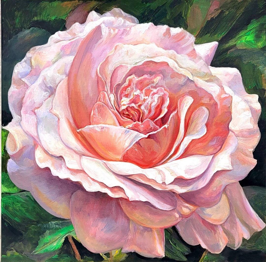 Pink Rose Acrylic Painting on Canvas - Floral Art Decor - Hand-painted ...