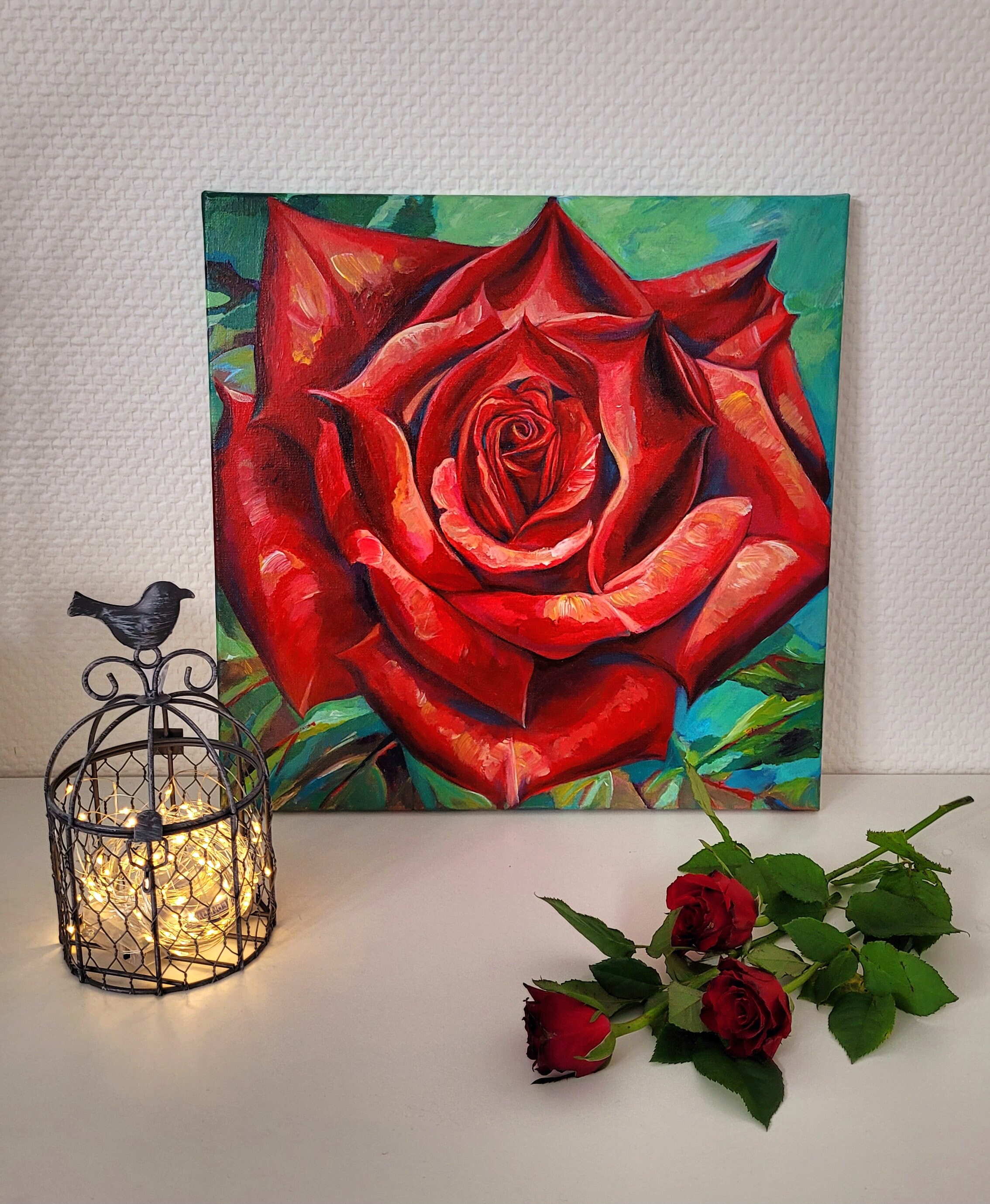 Bright Red Rose Acrylic Painting on Canvas - Floral Art Decor - Hand ...