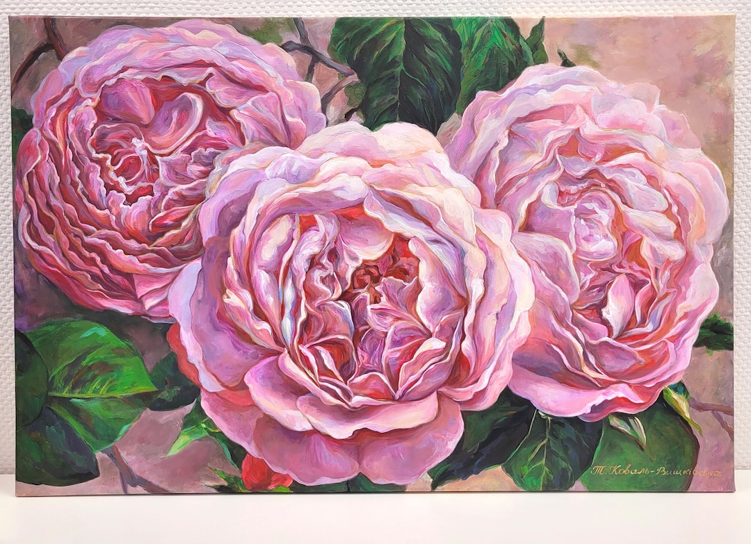 Pink Roses Acrylic Painting on Canvas - Floral Art Decor - Hand-painted ...