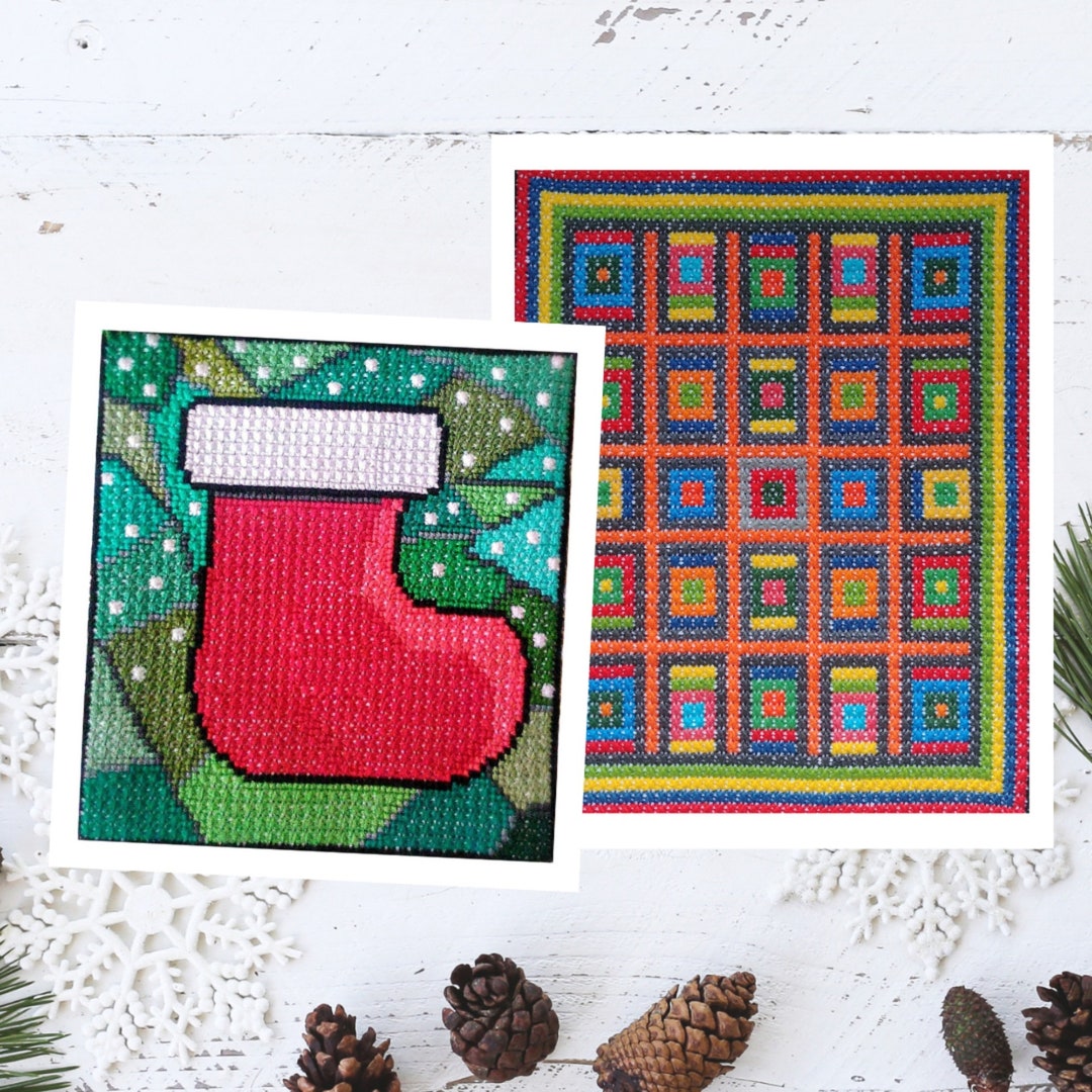 Mid Century Modern Cross Stitch Pattern Set, Christmas Boot, Colorful ...