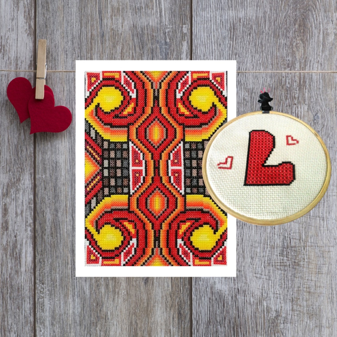 Red Double Cross Stitch Pattern Set – Geometric & Heart Designs (PDF ...