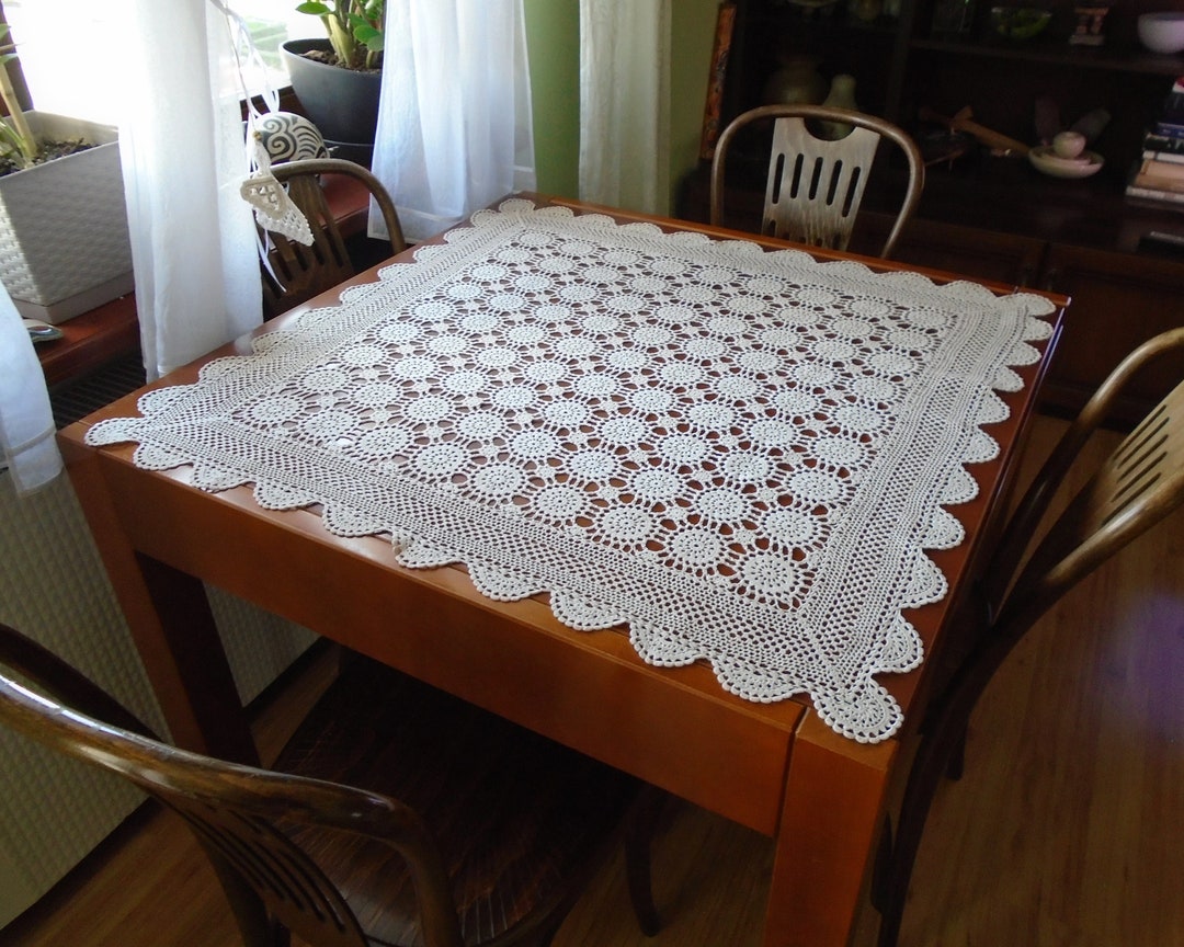 Vintage Handmade Crocheted Tablecloth or Topper Light Beige Crocheted ...