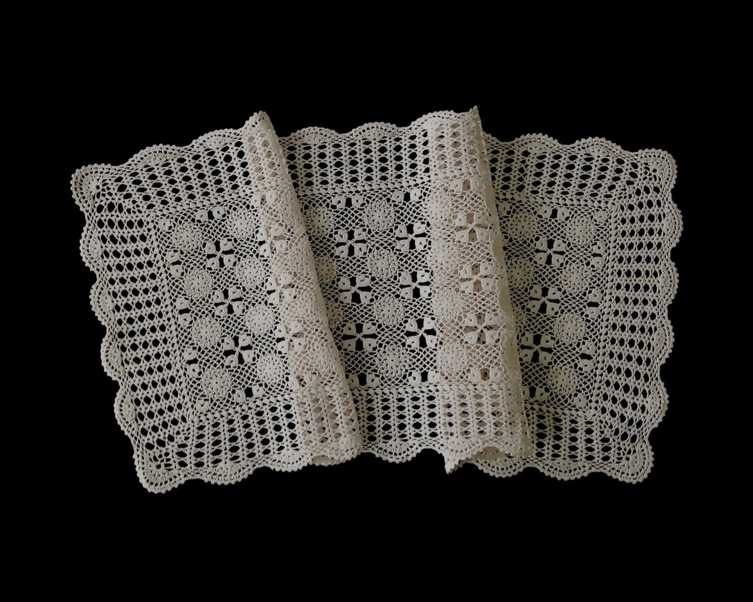 Vintage Handmade Crocheted Table Runner -- Light Creamy Beige Crocheted ...