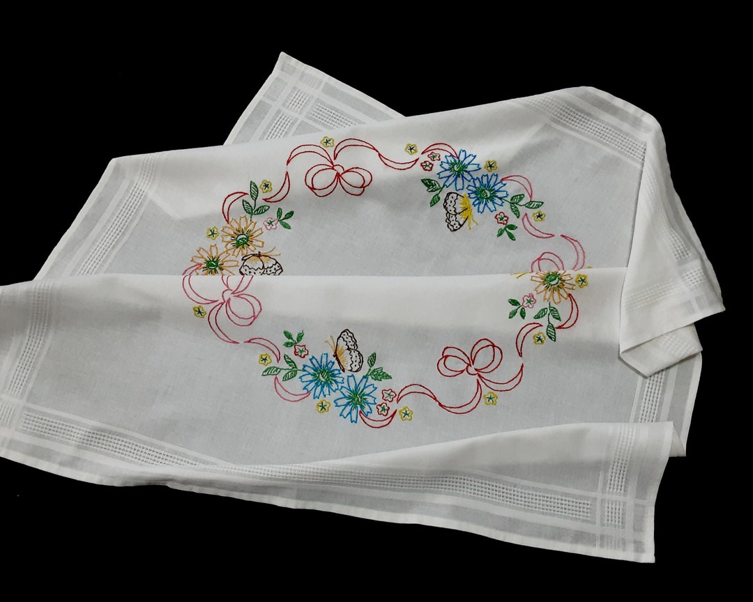 Vintage Hand-embroidered Table Topper -- White Topper With Hand ...