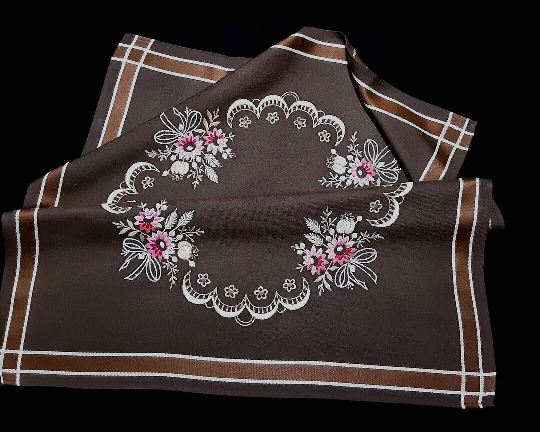 Vintage Hand-embroidered Table Topper --brown West-german Topper With ...