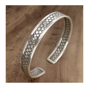 Braided Sterling Silver Cuff Bracelet, Handmade Boho Ethnic Tribal Woven Silver Women or Men ...