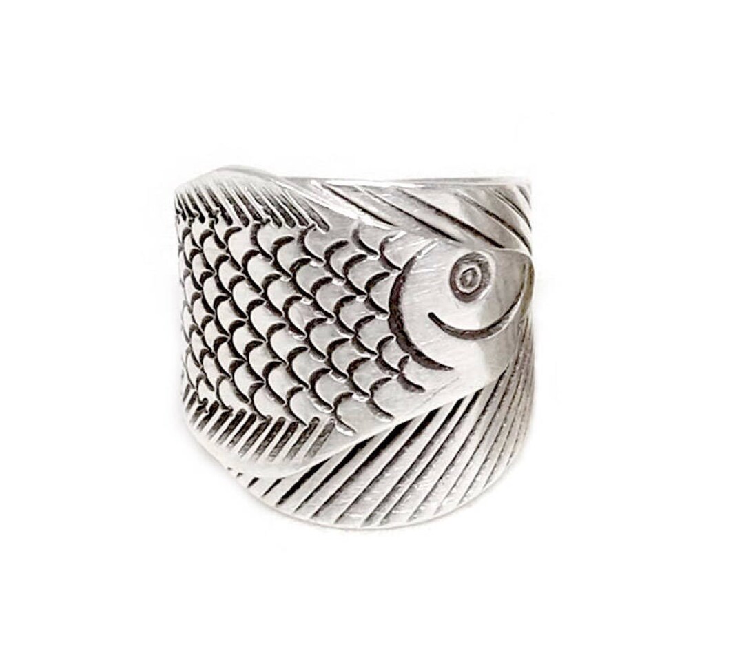 Handmade Sterling Silver Spiraling Wrap Engraved Fish Ring, Wide Band ...