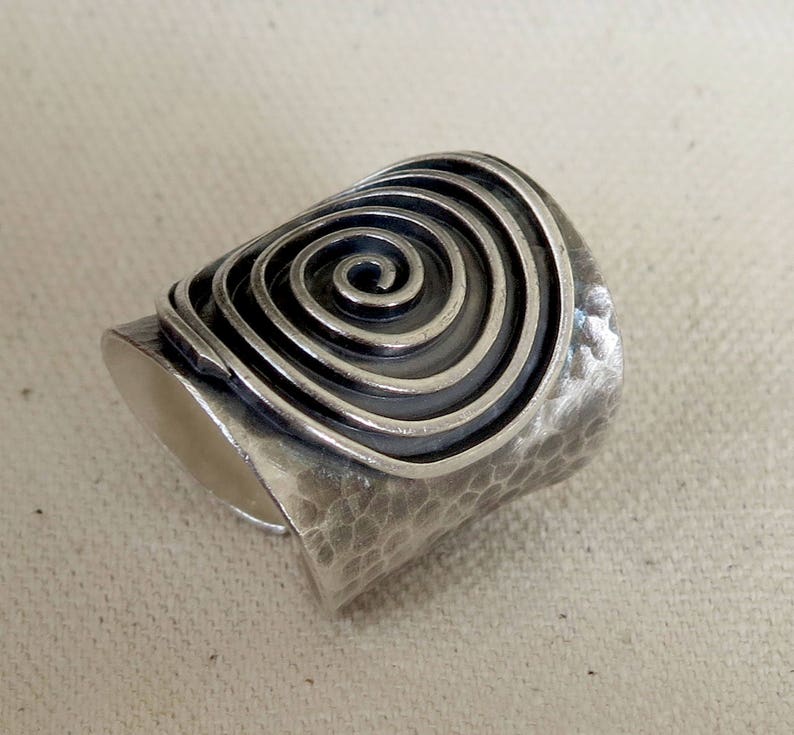 Handmade Hammered Dark Sterling Silver Wide Band Ring With | Etsy