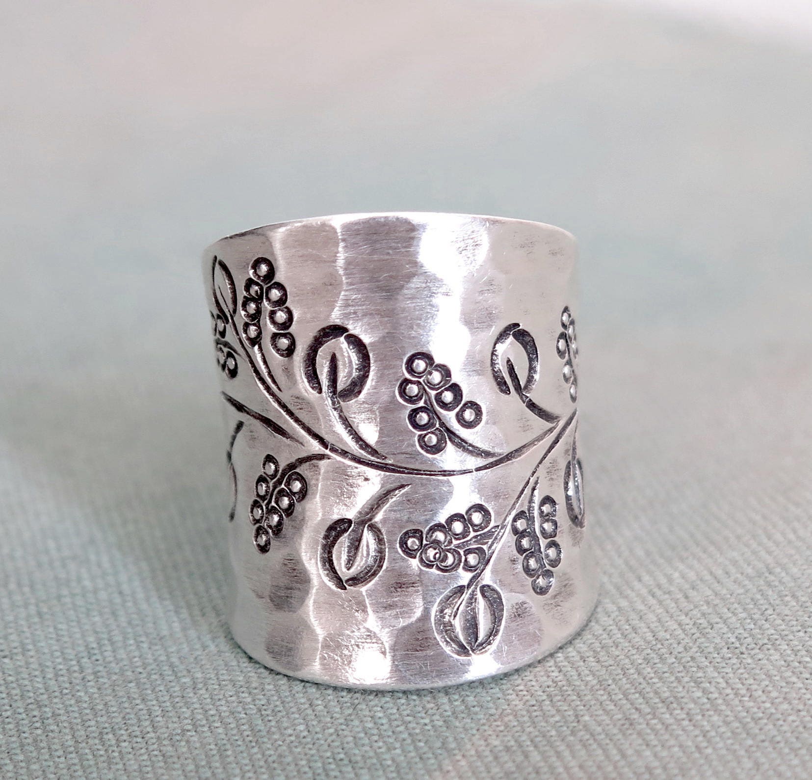 Sterling Silver Wide Band Hippie Boho Floral Ring, Hammered Engraved ...
