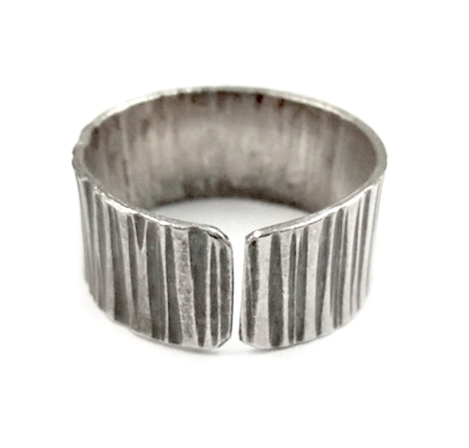 Sterling Silver Wide Band Ring, Handmade Hammered Rustic Tree Bark Wide ...