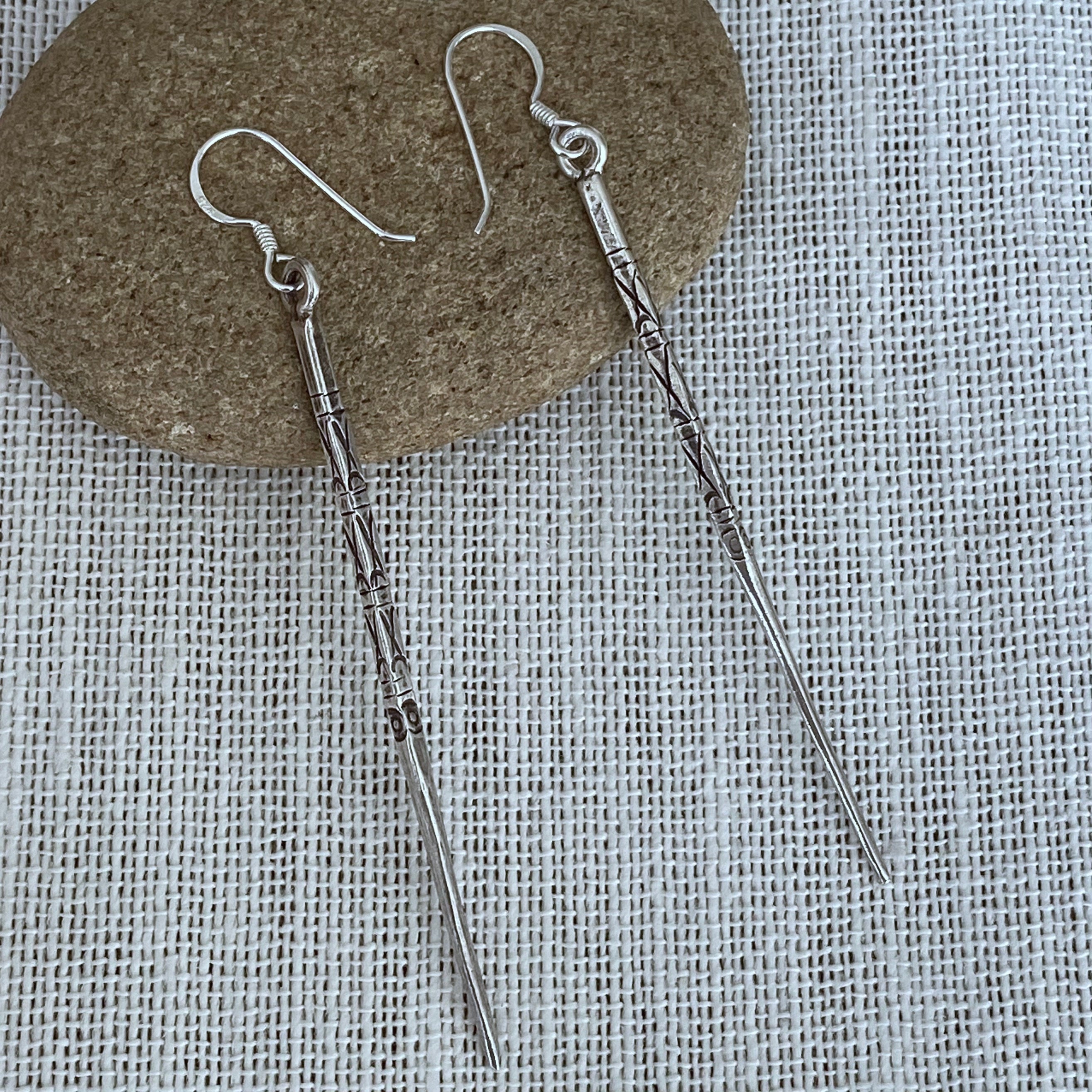 Sterling Silver Thin Needle Spike Long Dangle Earrings, Handmade Thorn ...