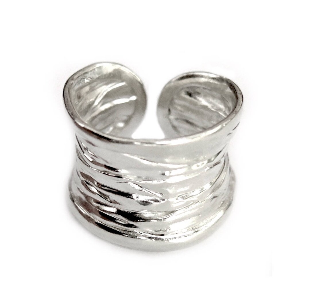 Sterling Silver Wide Boho Band Ring, Handmade Hammered Rustic Cuff Ring ...
