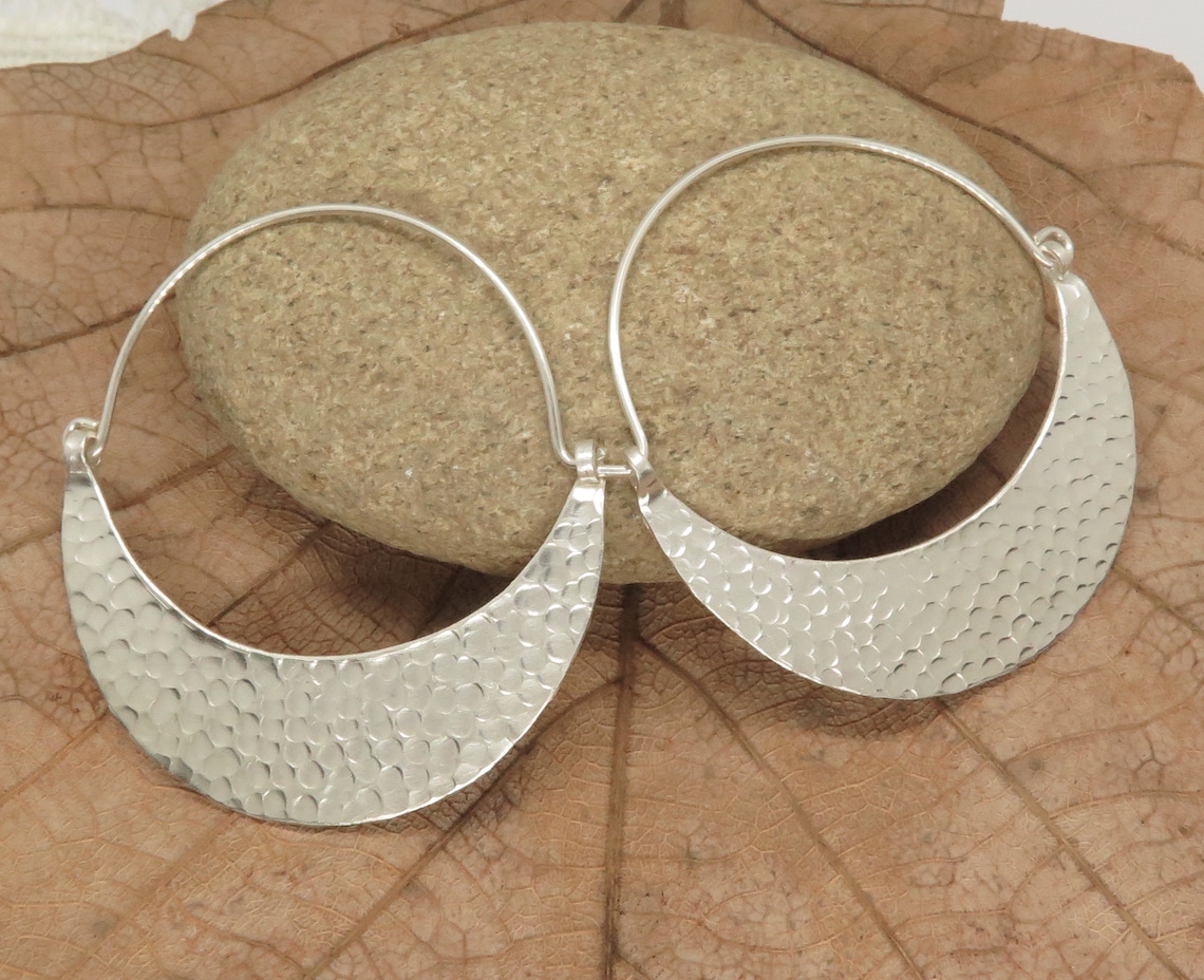Sterling Silver Moon Crescent Hoops Earrings Handmade Elegant | Etsy
