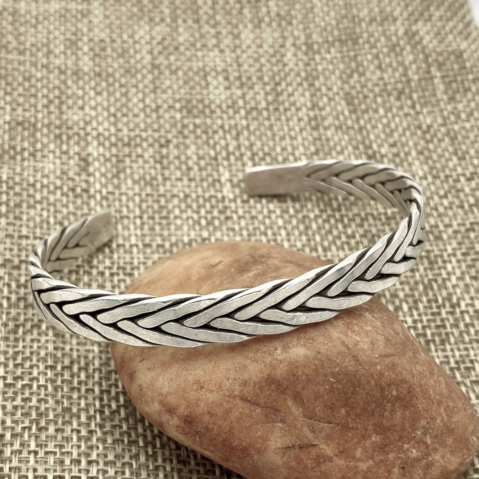 Sterling Silver Braided Cuff Bracelet, Handmade Boho Woven Silver ...