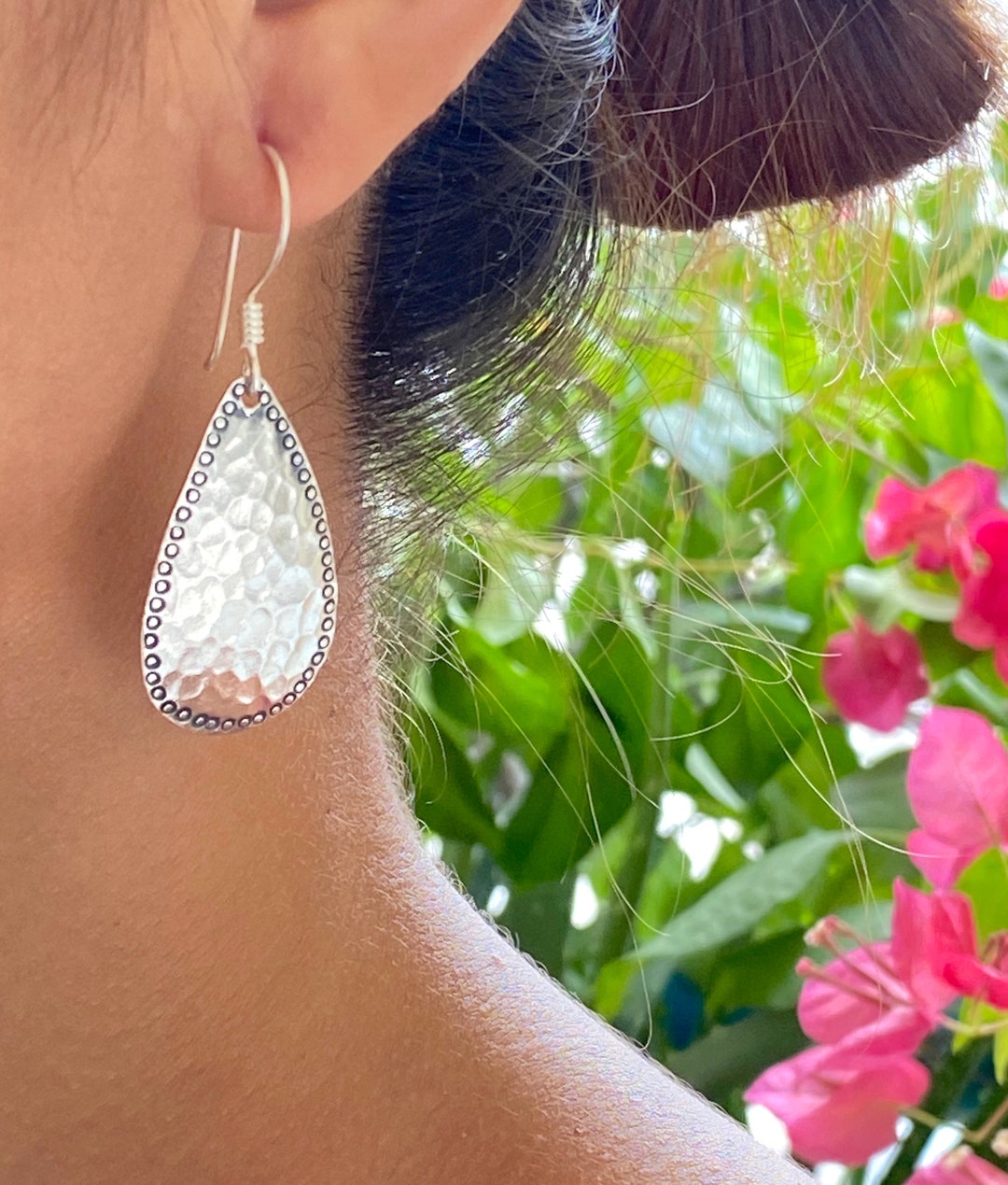 Hammered Sterling Silver Handmade Drop Shape Dangle Earrings, 2" Long ...