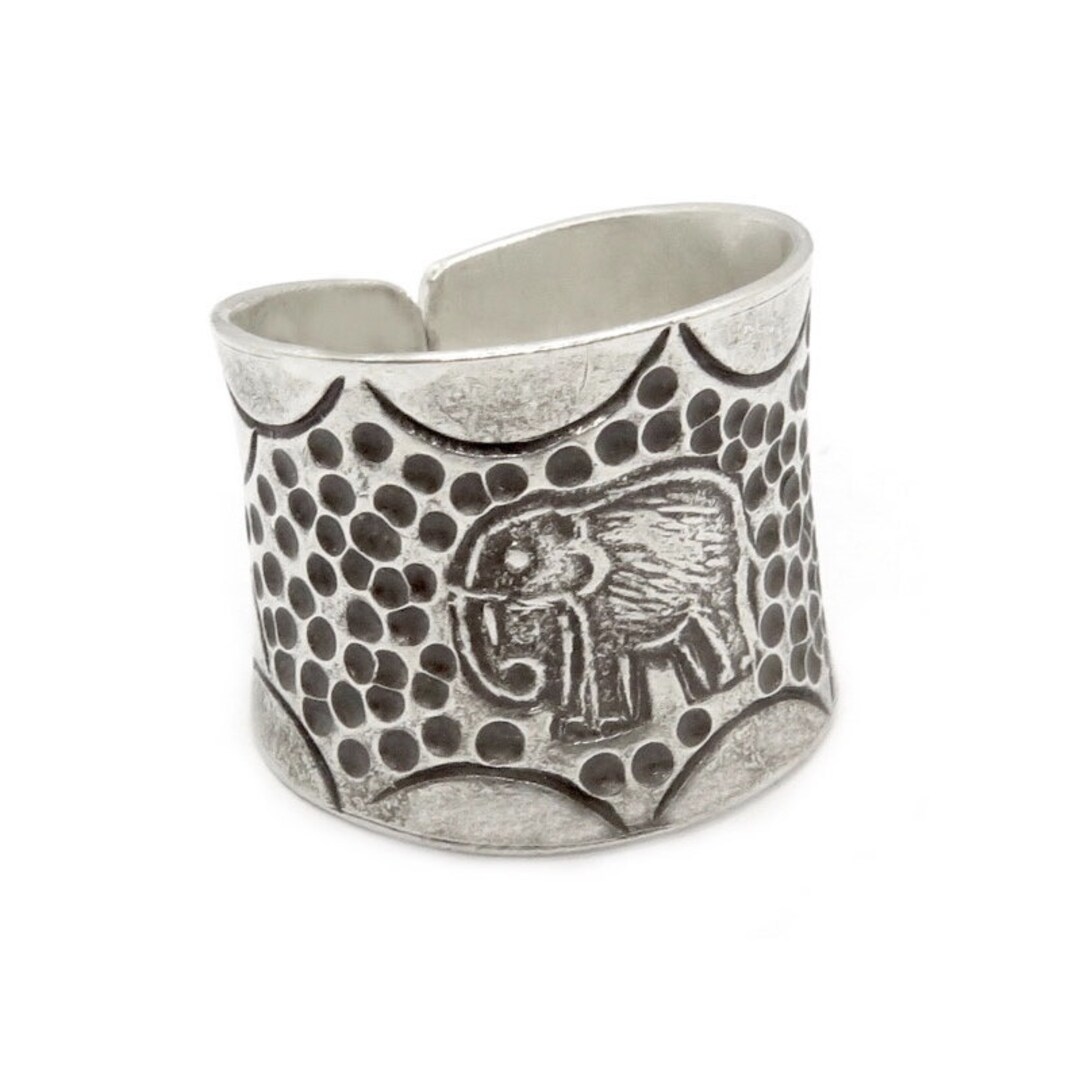Sterling Silver Wide Band Ring With Elephant Engraving, Handmade Tribal ...