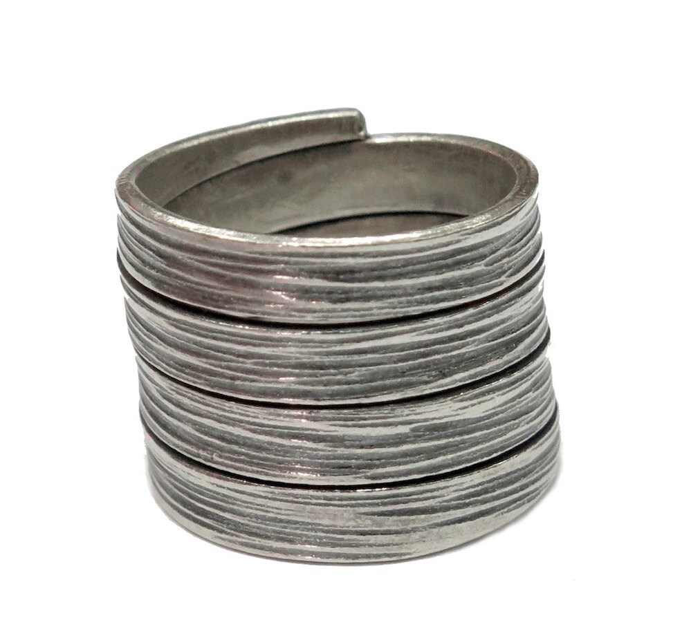 Coiled Handmade Sterling Silver Wide Band Spring Ring, Oxidized Lines ...