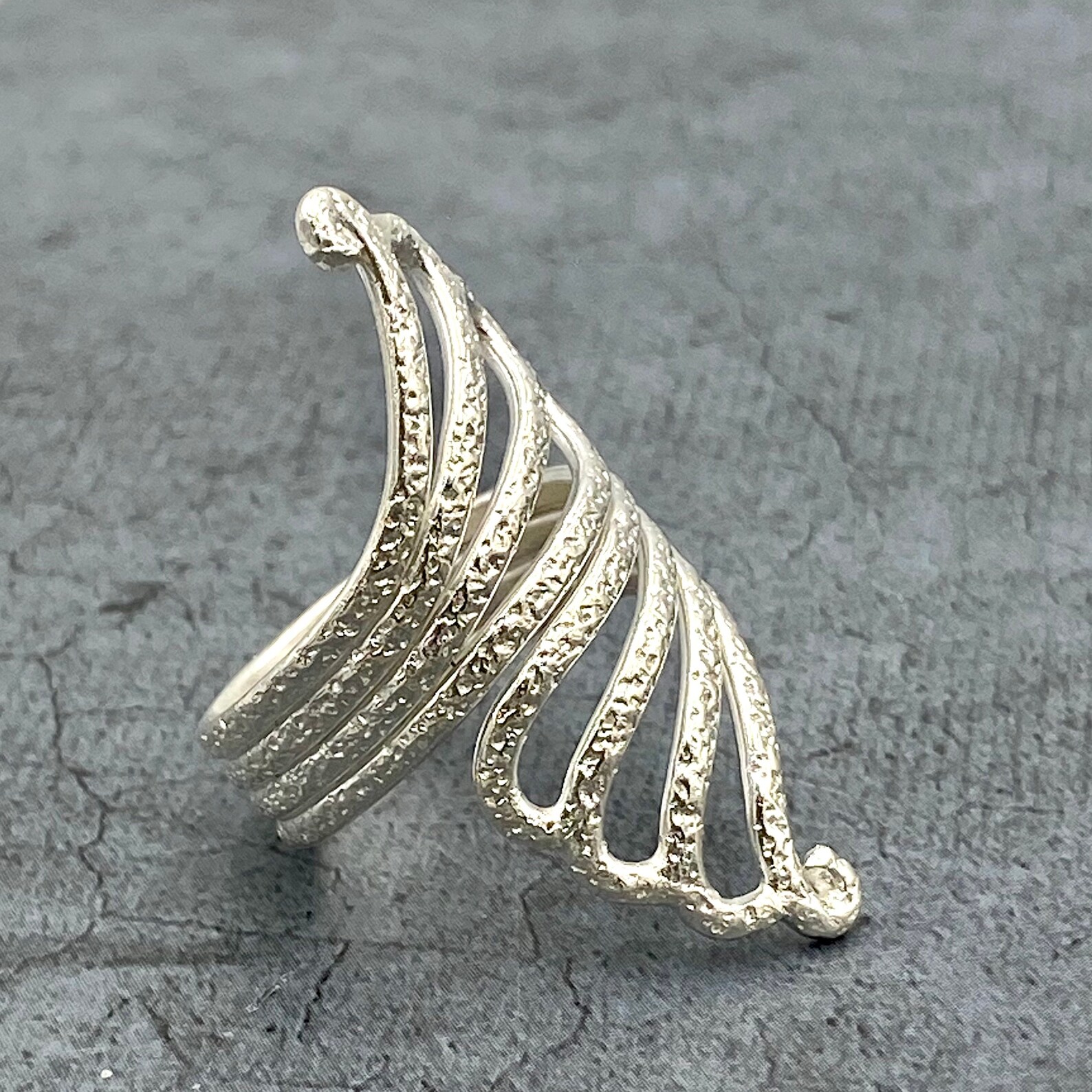 Handmade Long Sterling Silver Ring, Textured Shiny Silver Large Elegant ...