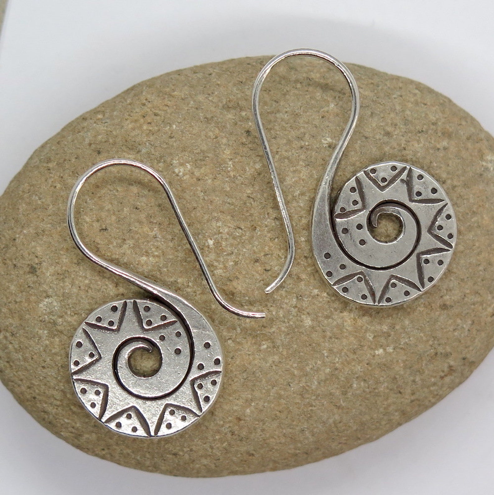 Sterling Silver Spiral Dangle Earrings, Handmade Engraved Coil Earrings ...