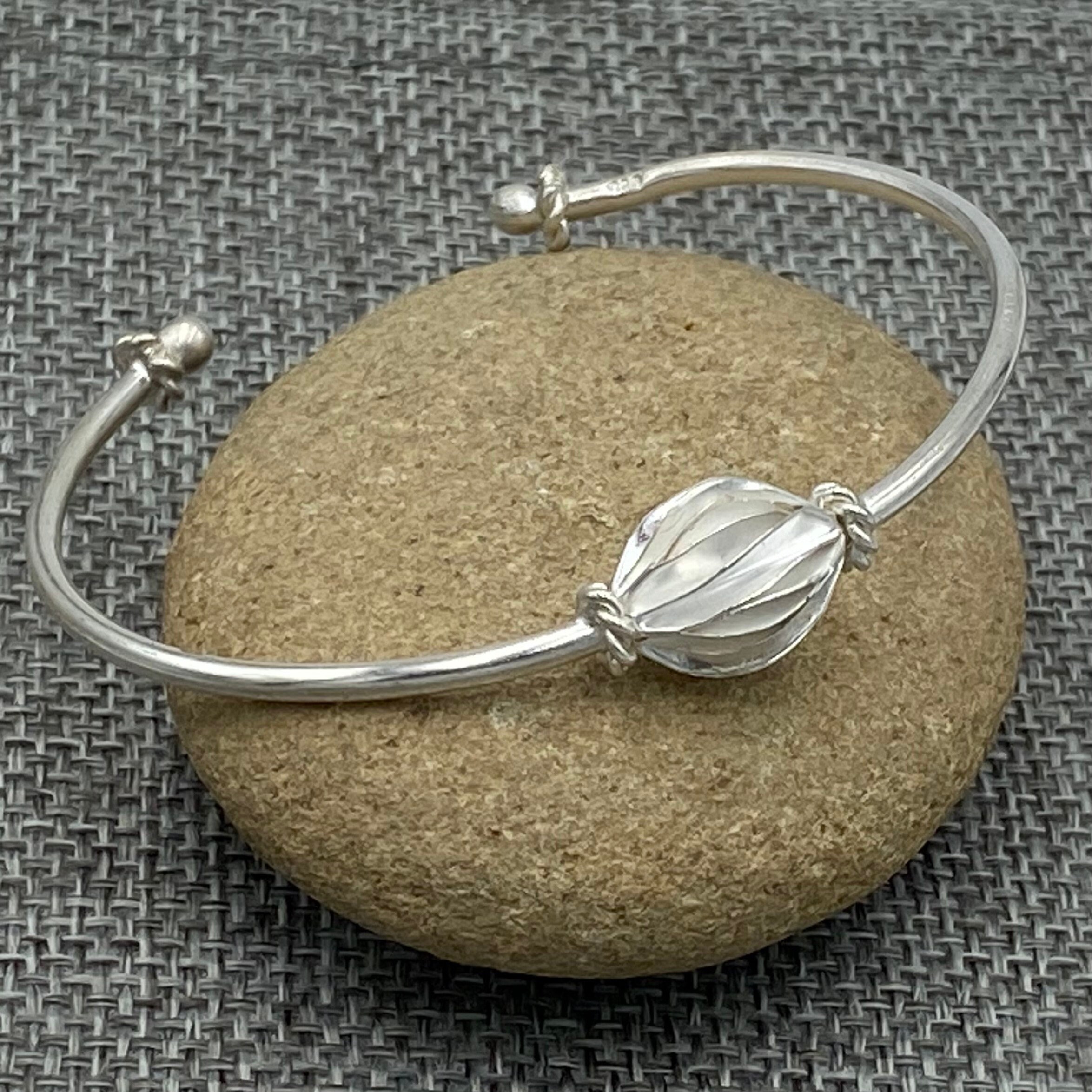 Handmade Dainty White Sterling Silver Cuff Bracelet With a Flower Bead ...