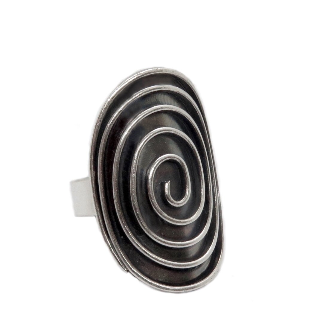 Sterling Silver Large Oval Black Statement Ring, Spiral on Oxidized ...