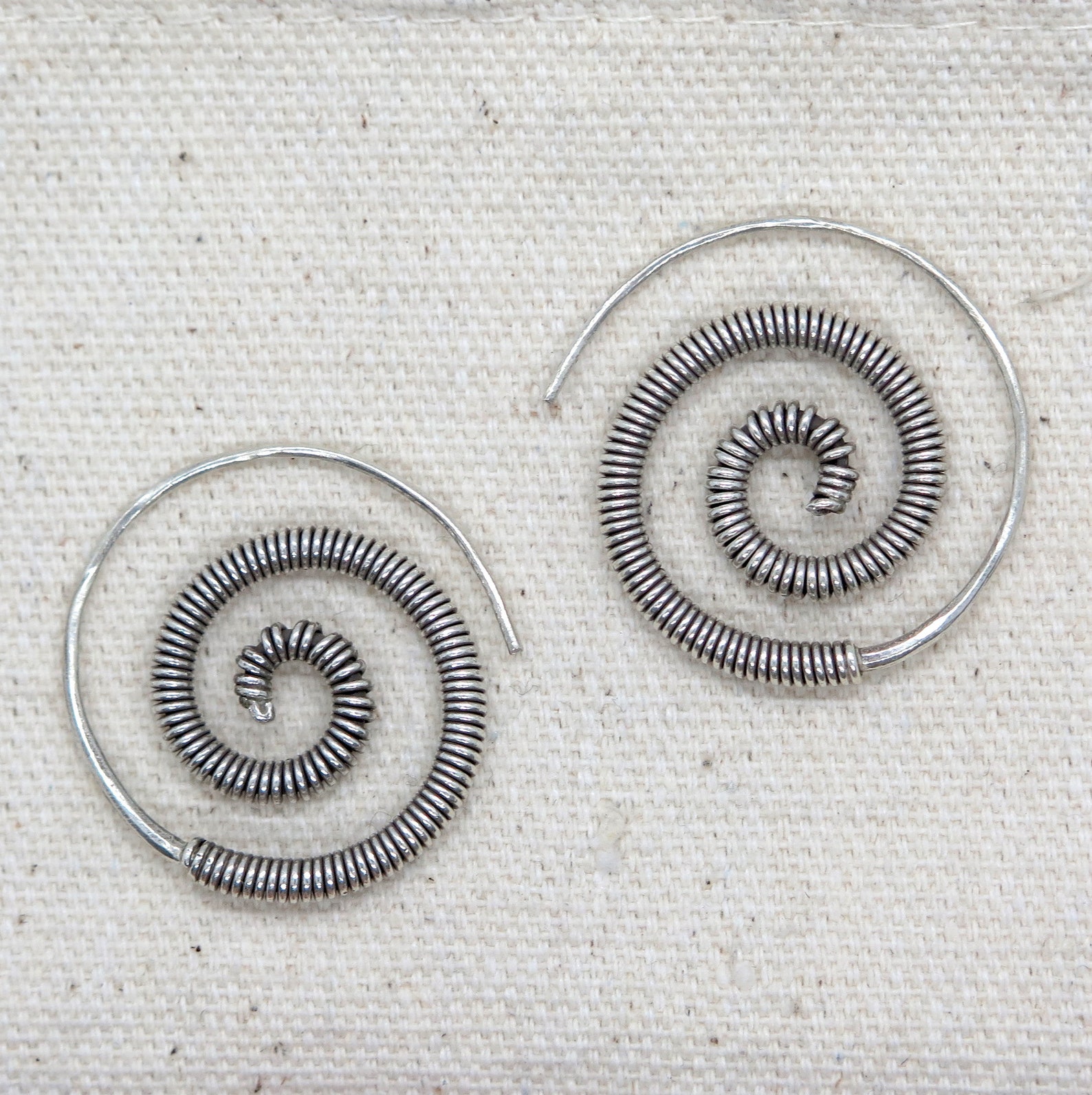 Sterling Silver Wire Spiral Hoop Earrings, Handmade Tribal Coiled Dark ...