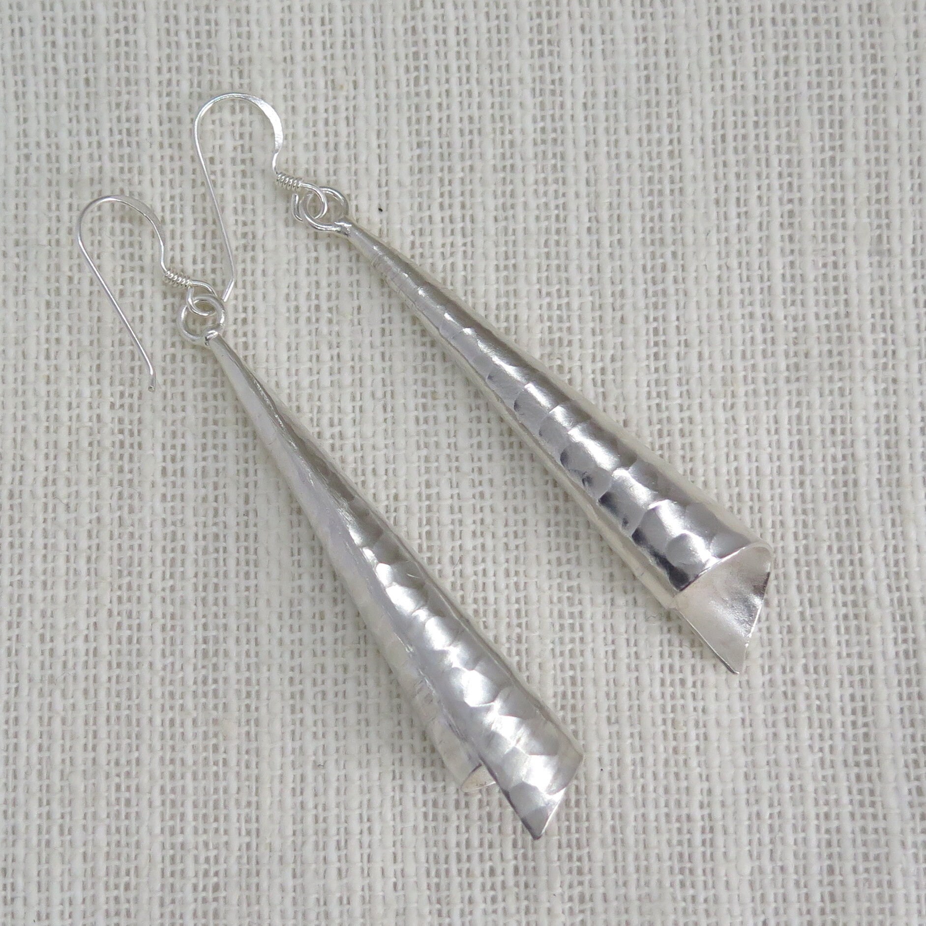 Handmade Hammered Sterling Silver Long Cone Shaped Dangle Earrings ...
