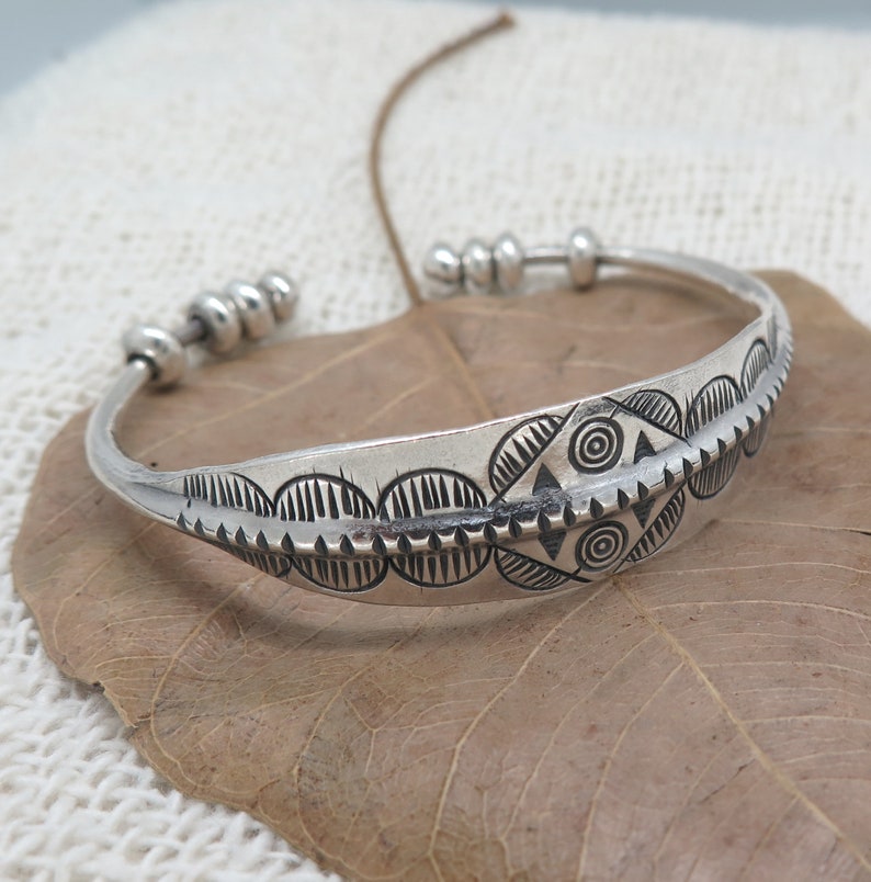 Sterling Silver Boho Cuff Bracelet With Geometric Engraving | Etsy