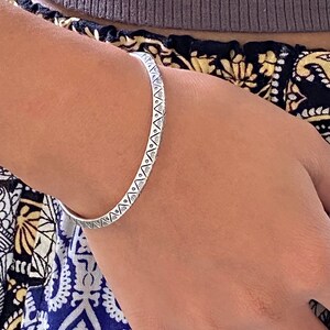 Sterling Silver Boho Slim Cuff Bracelet With Oxidized Geometric Ethnic Pattern Engraving ...
