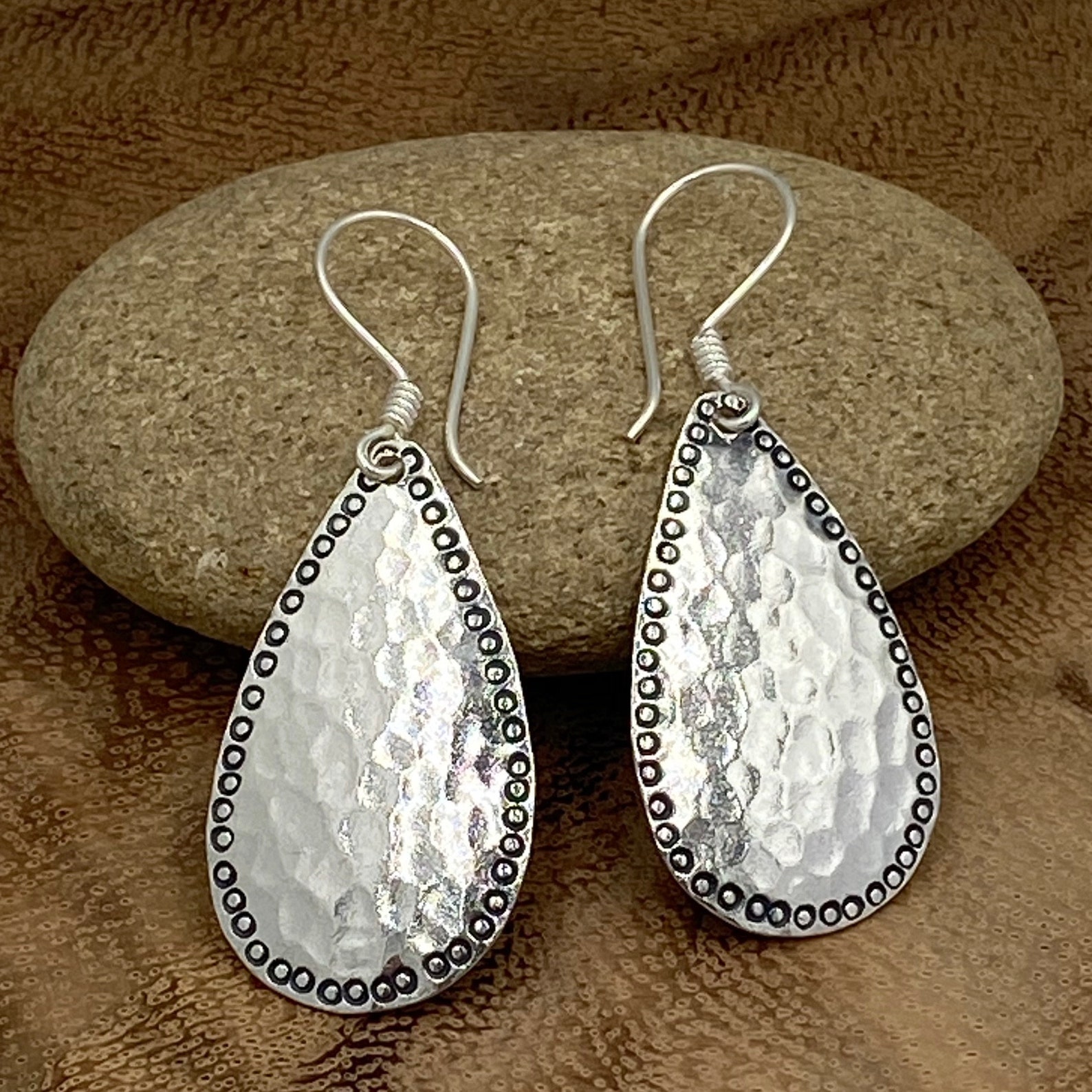 Hammered Sterling Silver Handmade Drop Shape Dangle Earrings, 2" Long ...