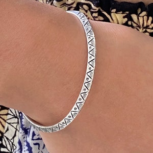 Sterling Silver Boho Slim Cuff Bracelet With Oxidized Geometric Ethnic Pattern Engraving ...