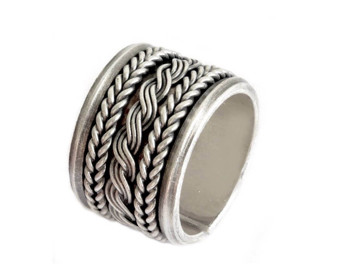 Braided Dark Sterling Silver Wide Band Ring, Women or Men Cuff Ring ...