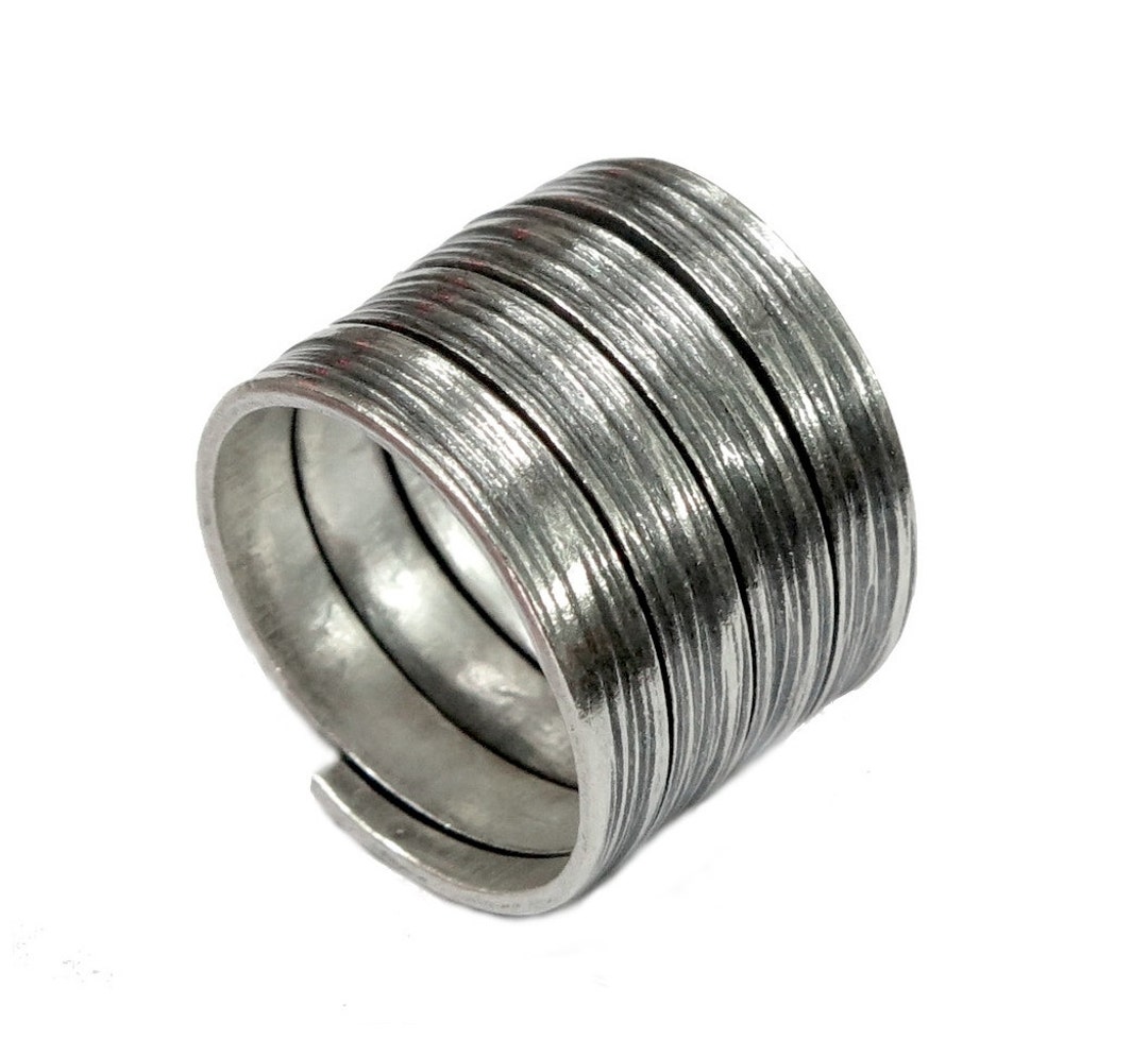 Coiled Handmade Sterling Silver Wide Band Spring Ring, Oxidized Lines ...