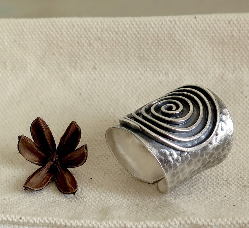 Handmade Hammered Dark Sterling Silver Wide Band Ring With | Etsy