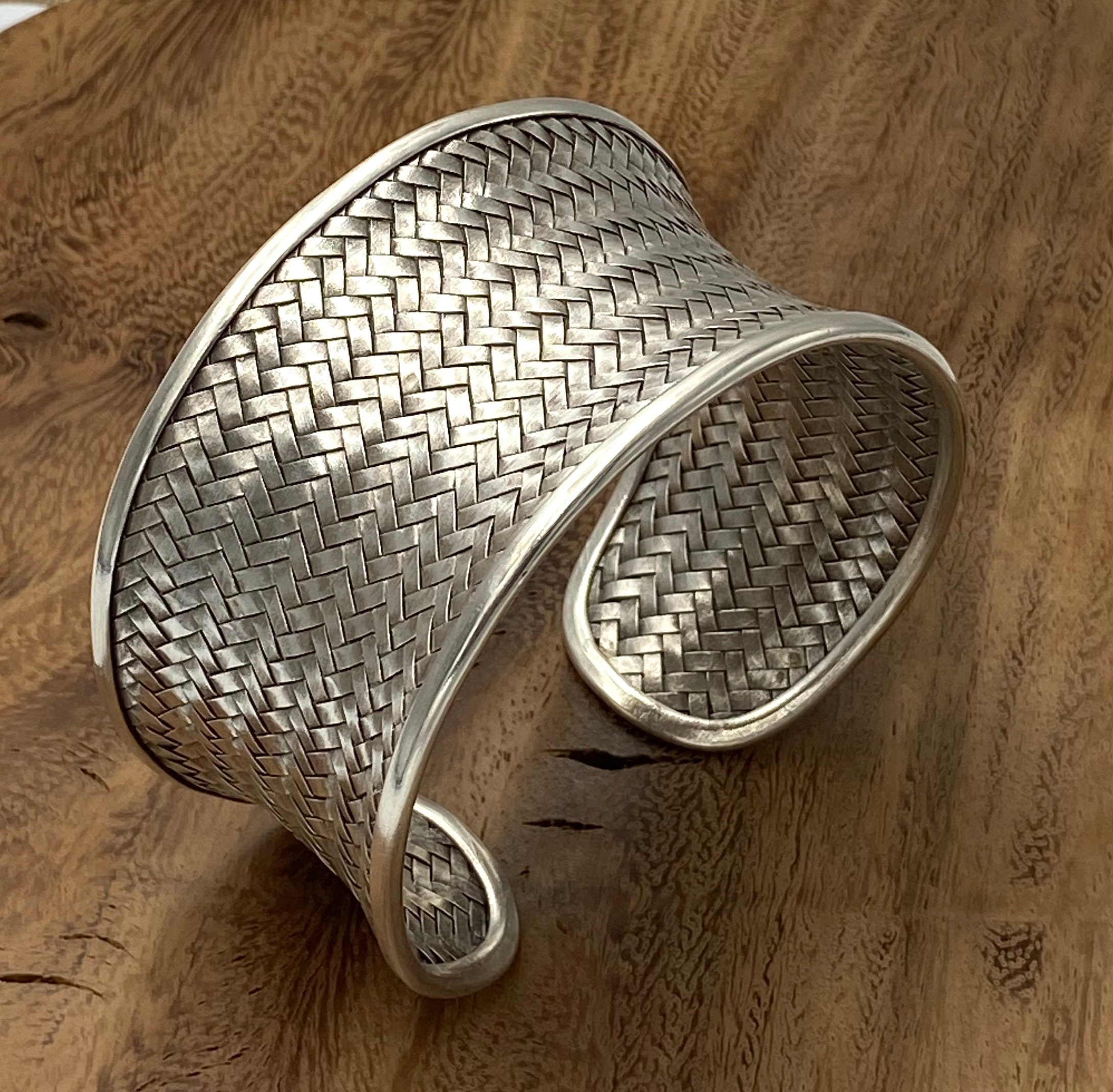 Sterling Silver Weave Boho Wide Statement Cuff Bracelet, Handmade Woven ...