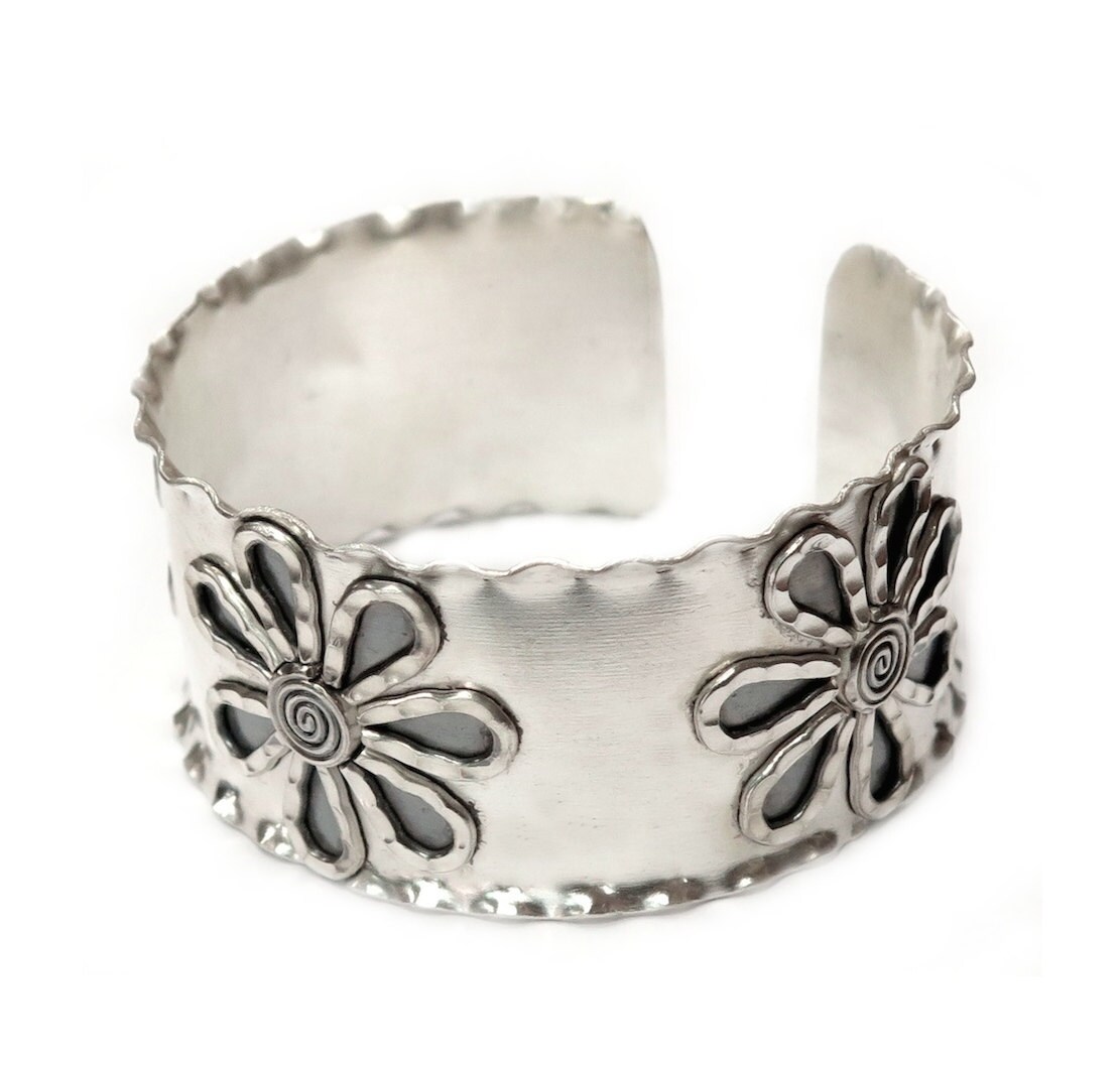 Floral Wide Sterling Silver Cuff Bracelet, Handmade Art Solid Silver ...