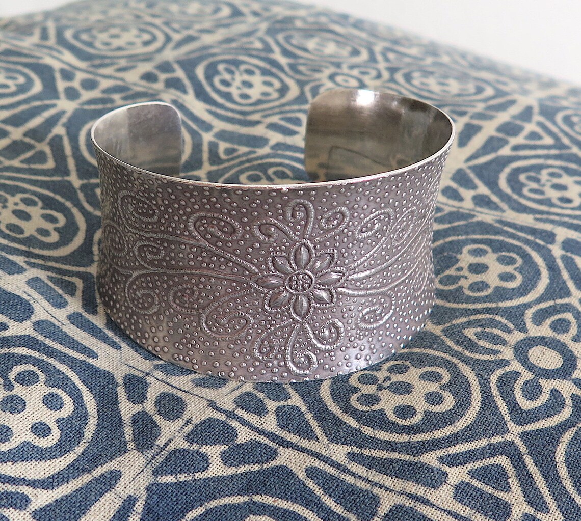 Sterling Silver Wide Statement Cuff Bracelet, Handmade Large Engraved ...