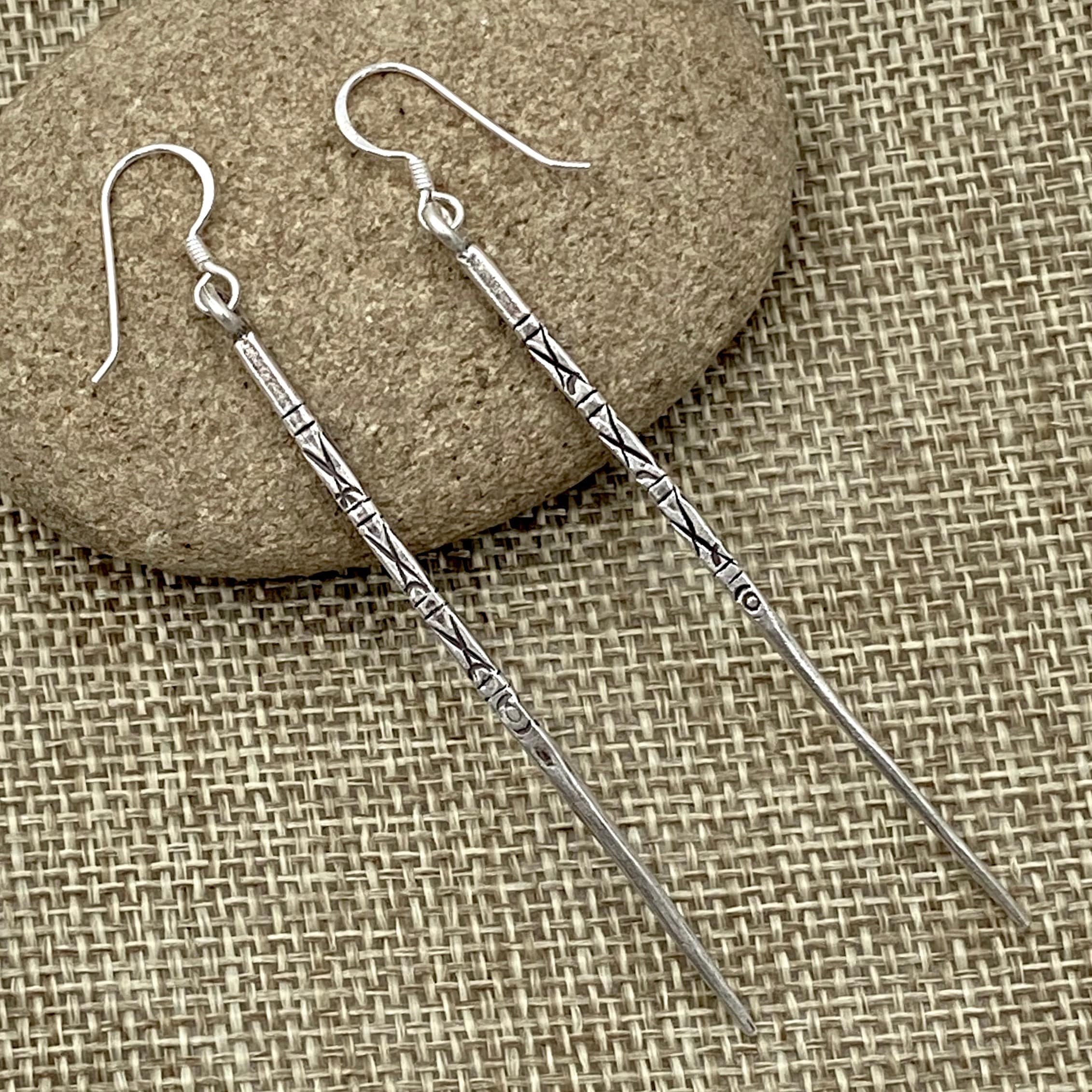 Sterling Silver Thin Needle Spike Long Dangle Earrings, Handmade Thorn ...