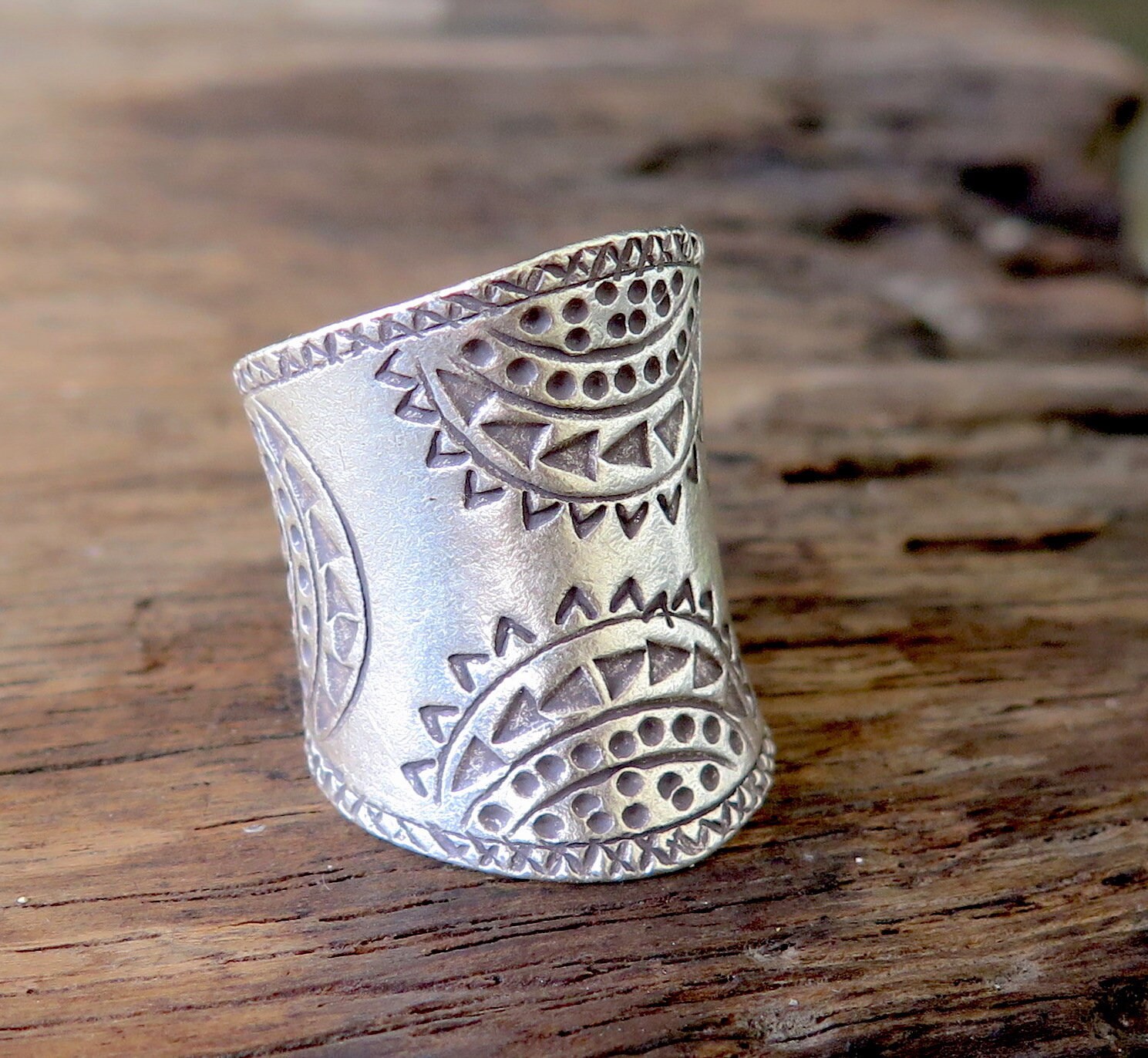 Sterling Silver Wide Band Hippie Boho Ring With Geometric Engraving ...