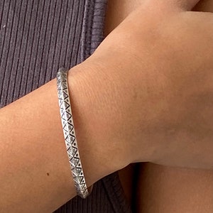 Sterling Silver Boho Slim Cuff Bracelet With Oxidized Geometric Ethnic Pattern Engraving ...