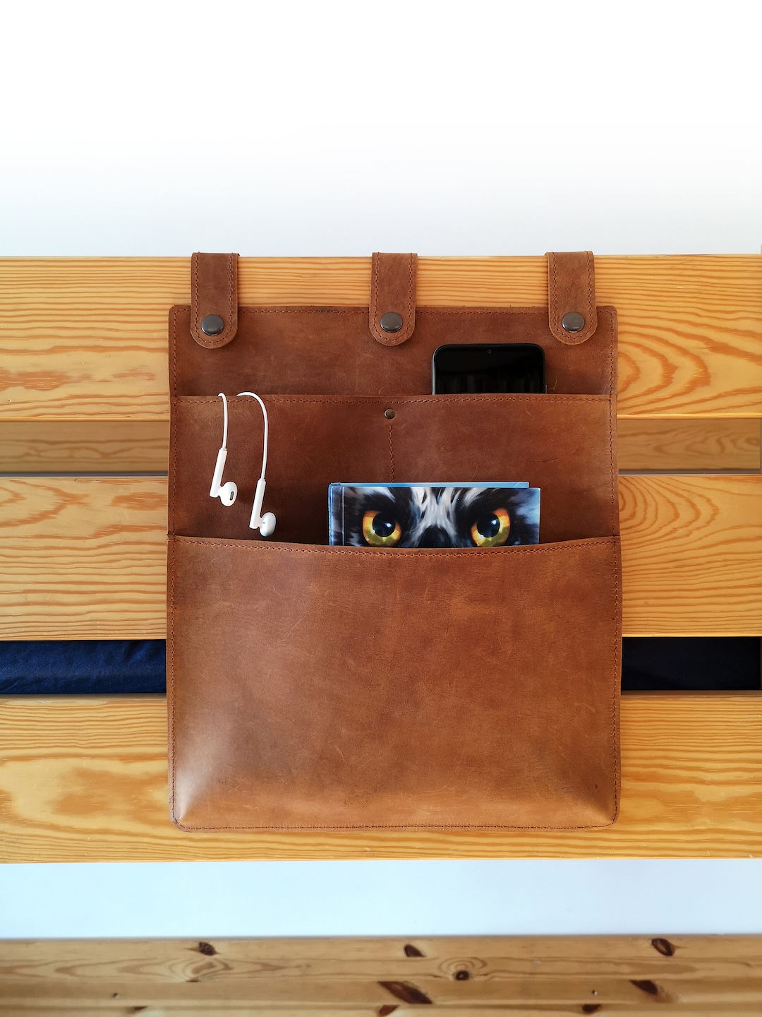 Leather Hanging Kids Bed Side Pocket Organizer, Hanging Books, Phone ...