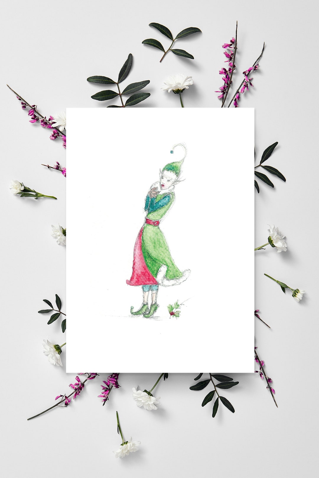 Christmas Pixie Watercolor Art Card | Embossed Holiday Elf Note Card - Etsy