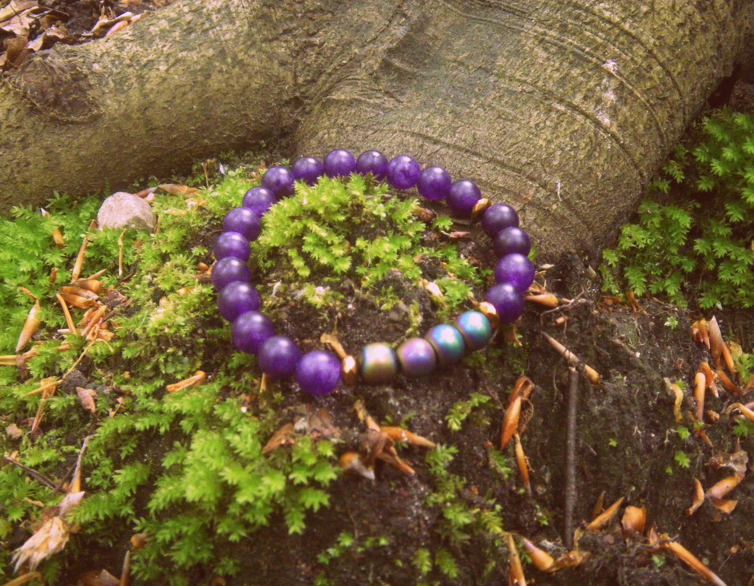 Frosted Matt Amethyst and Colorful Rainbow Matt Hematite Mala Stretch ...