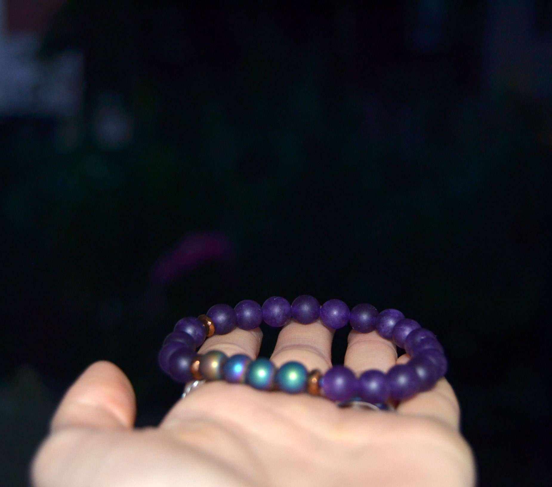 Frosted Matt Amethyst and Colorful Rainbow Matt Hematite Mala Stretch ...