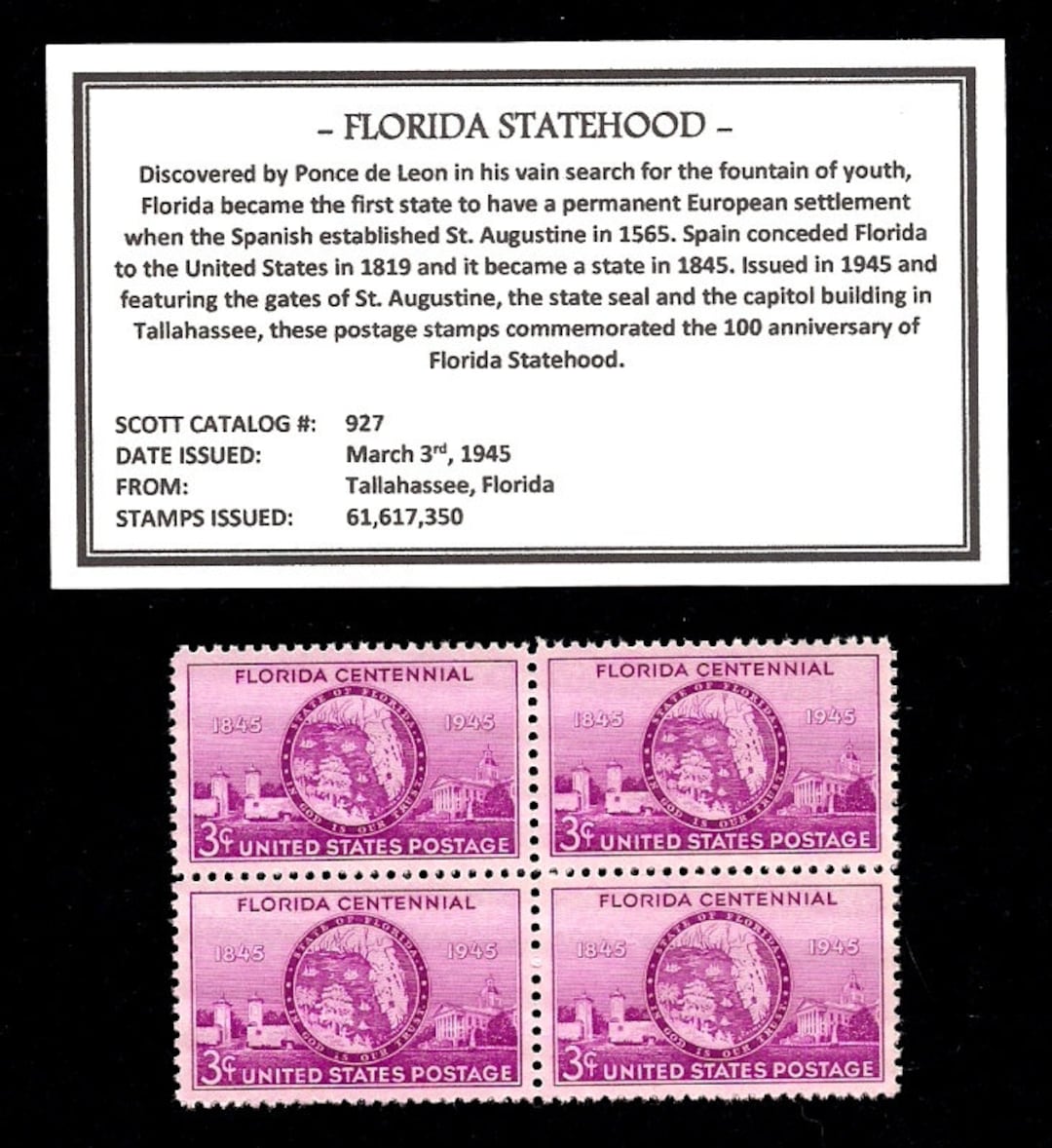 Florida Postage Stamps - Vintage Unused (issued in 1945) Block of Four ...
