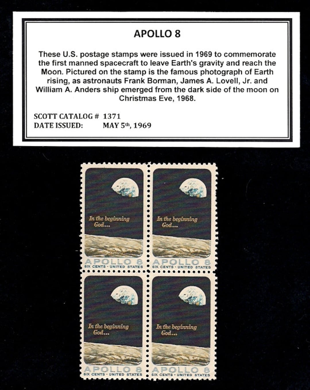 APOLLO 8 Postage Stamps - Block of Four Vintage (issued in 1969) Unused ...