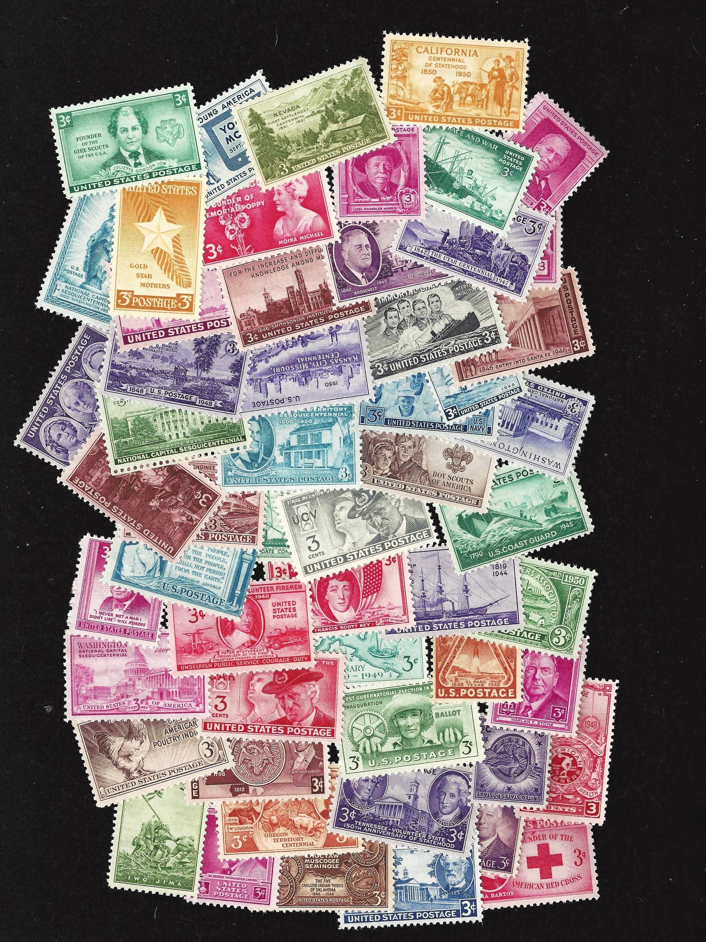 3 Cent Pack of (50) All Different Vintage (issued Between 1945 and 1950 ...