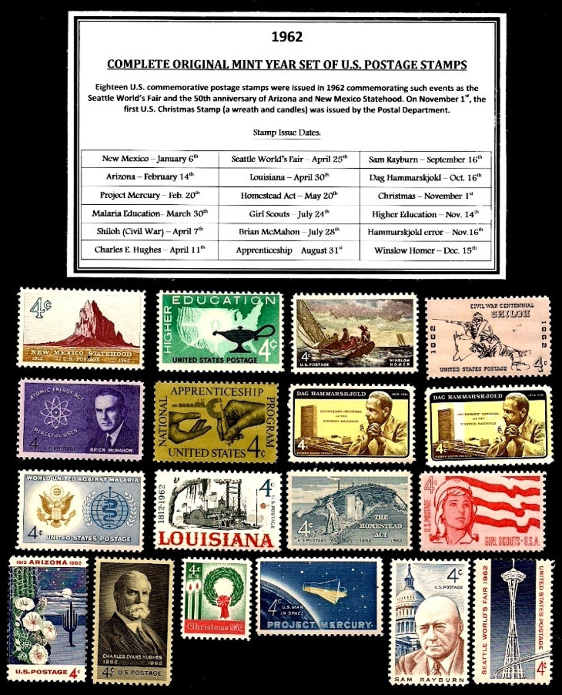 1962 Complete Original Commemorative Year Set of Vintage Unused ...